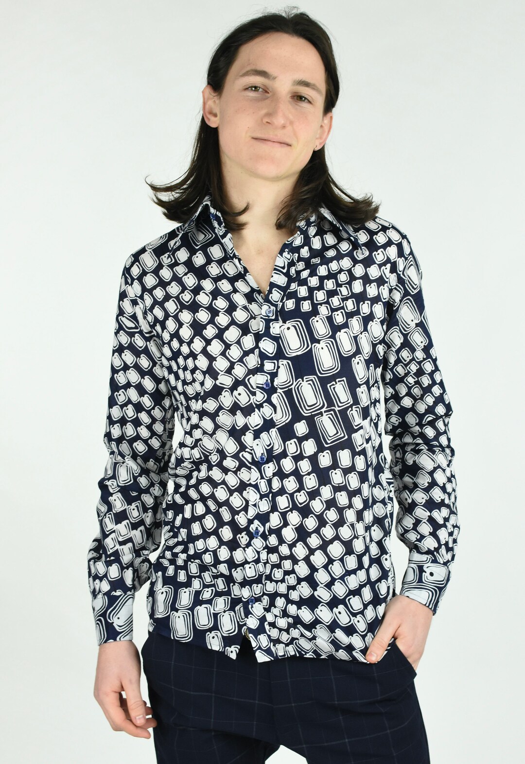 1970's Navy and White Rectangle Print Men's Deadstock Cotton Shirt - Etsy