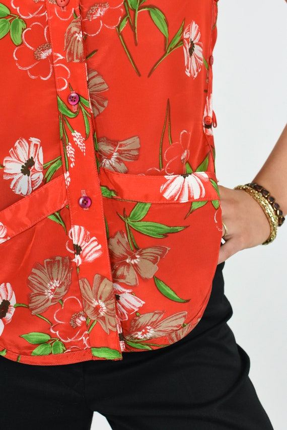 1970's Pretty Poppy Print Red Silky Summer Shirt Blou… - Gem