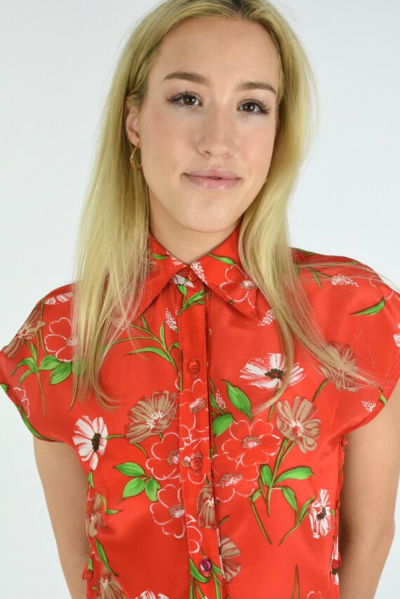 1970's Pretty Poppy Print Red Silky Summer Shirt Blou… - Gem