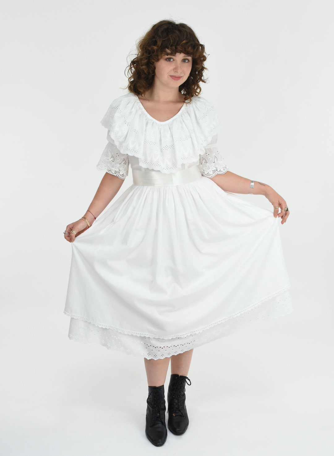 1980s Romantic Ruffle Neck White Broiderie Anglaise Trim Dress - Etsy