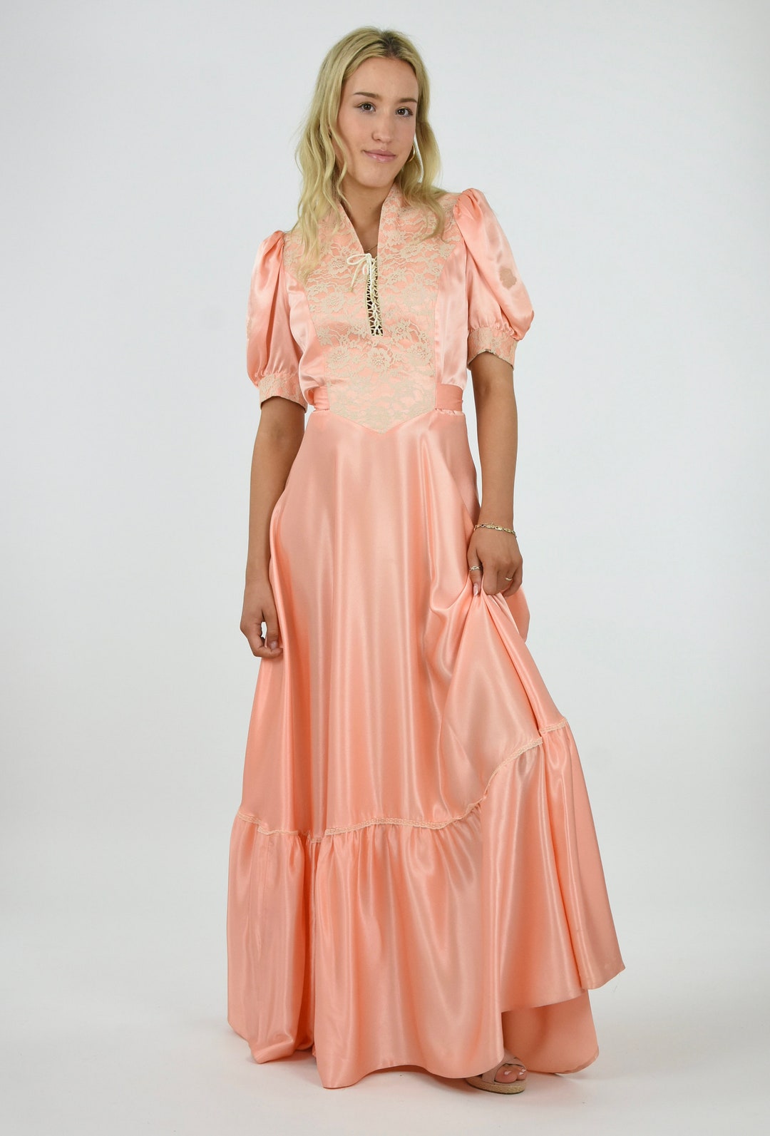 1970's Apricot Satin and Lace Front Puff Sleeve Gunne Style Maxi Dress ...