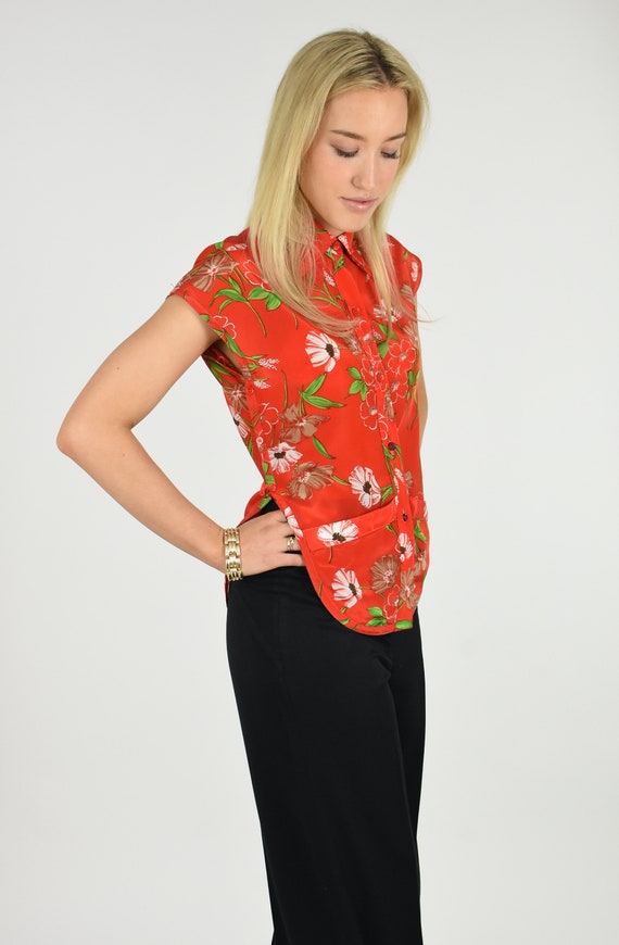 1970's Pretty Poppy Print Red Silky Summer Shirt Blou… - Gem