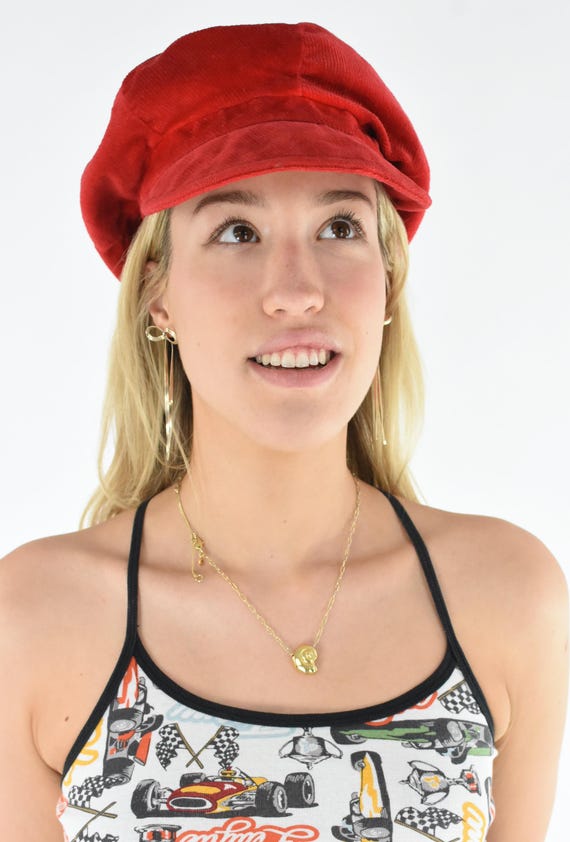 1960s Red Velvet Corduroy Baker Boy Cap - Gem