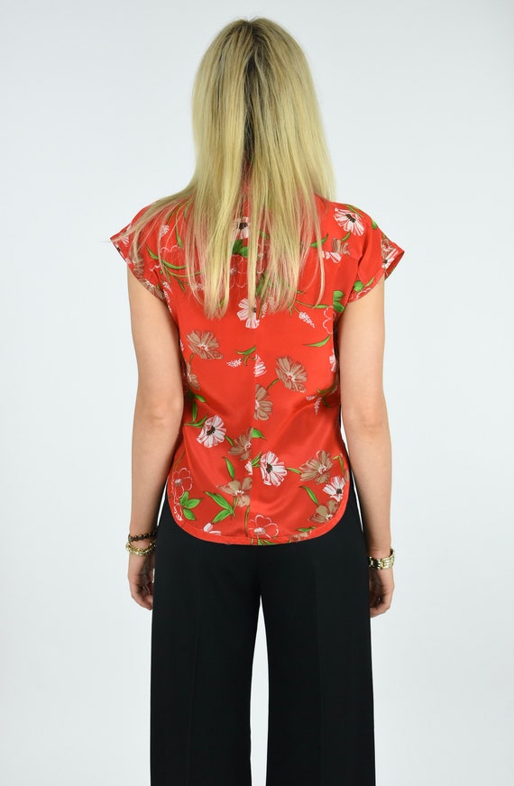 1970's Pretty Poppy Print Red Silky Summer Shirt Blou… - Gem