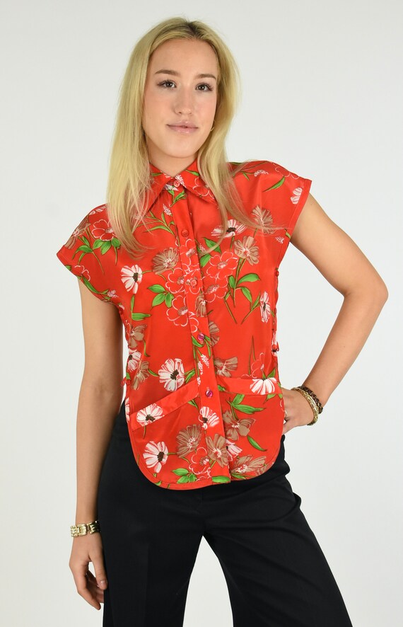 1970's Pretty Poppy Print Red Silky Summer Shirt Blou… - Gem