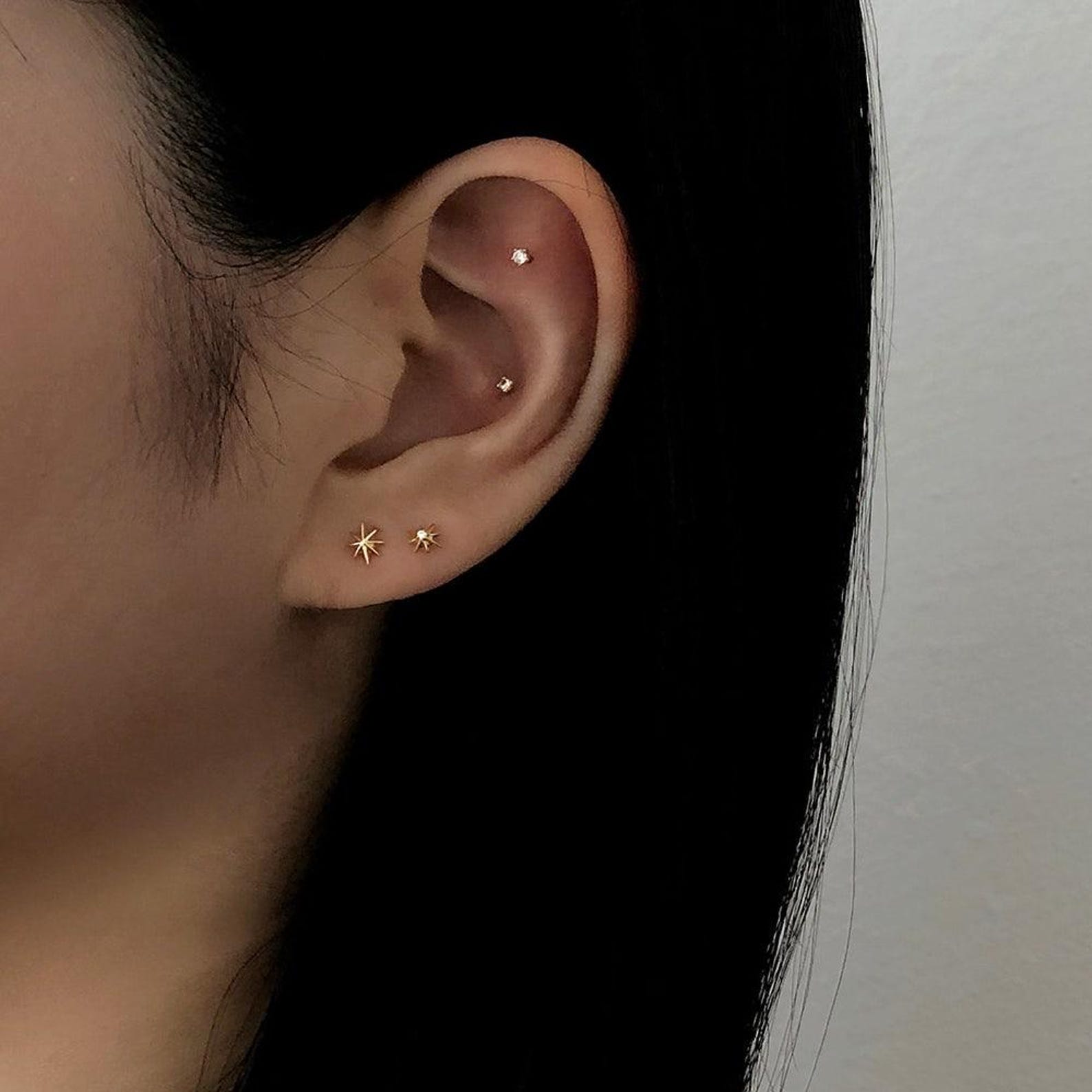 14K Solid Gold Cartilage Tragus Helix Inner Conch Nose Sunlight Star ...