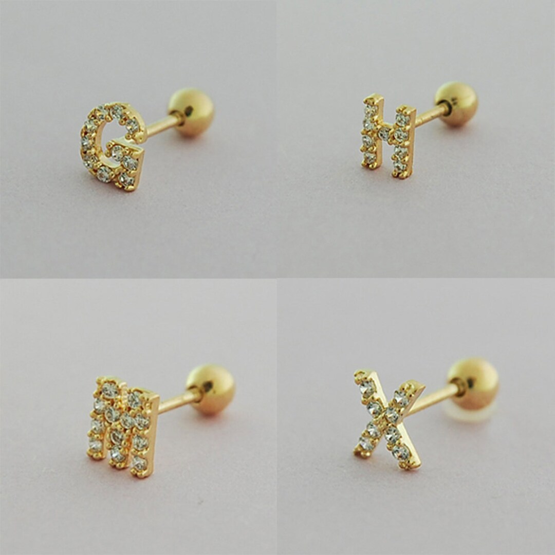 14K Solid Real Gold Cz Initial Alphabet Tragus Helix Cartilage Inner ...