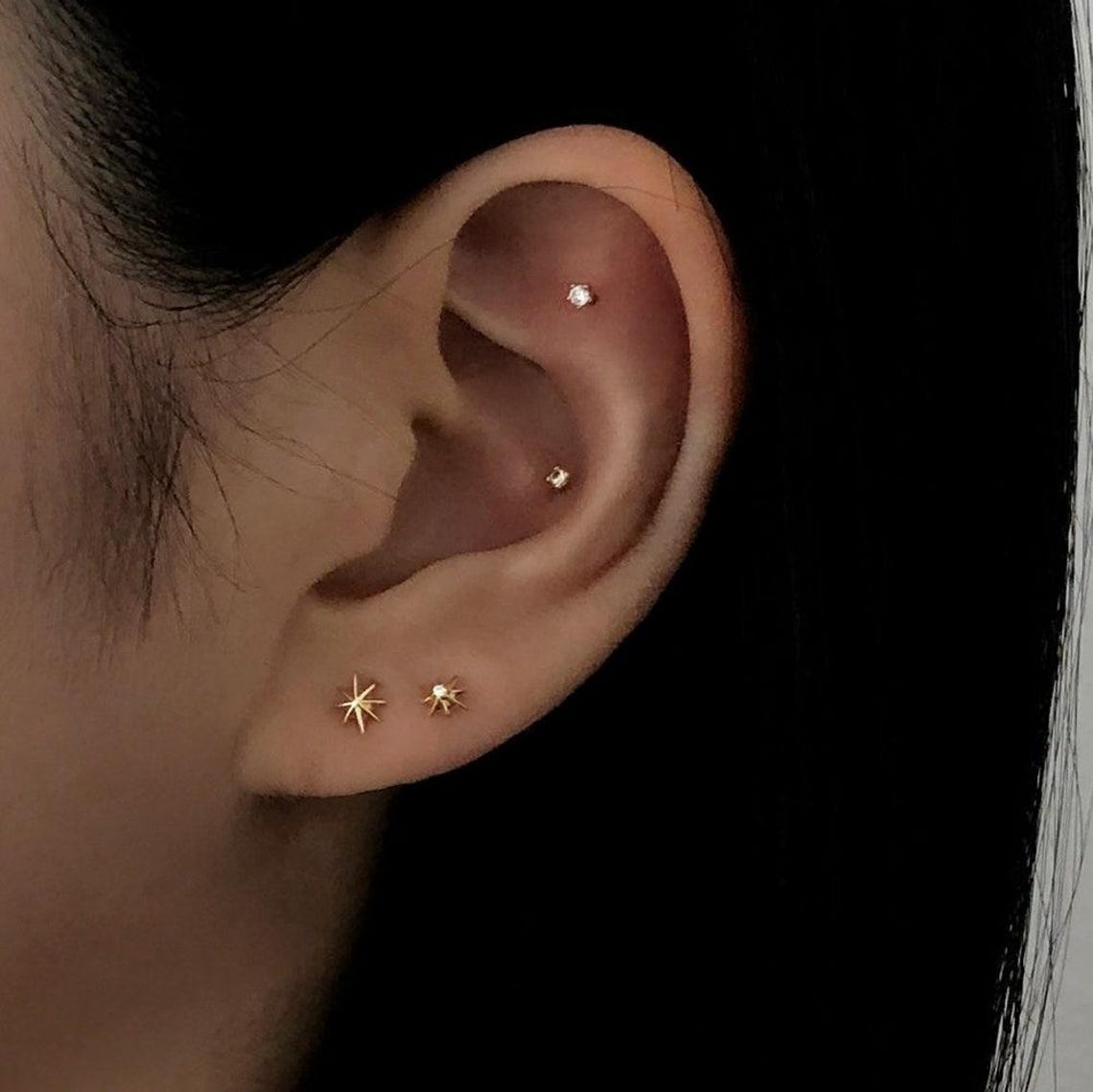 14K Solid Gold Cartilage Tragus Helix Inner Conch Nose Sunlight Star ...