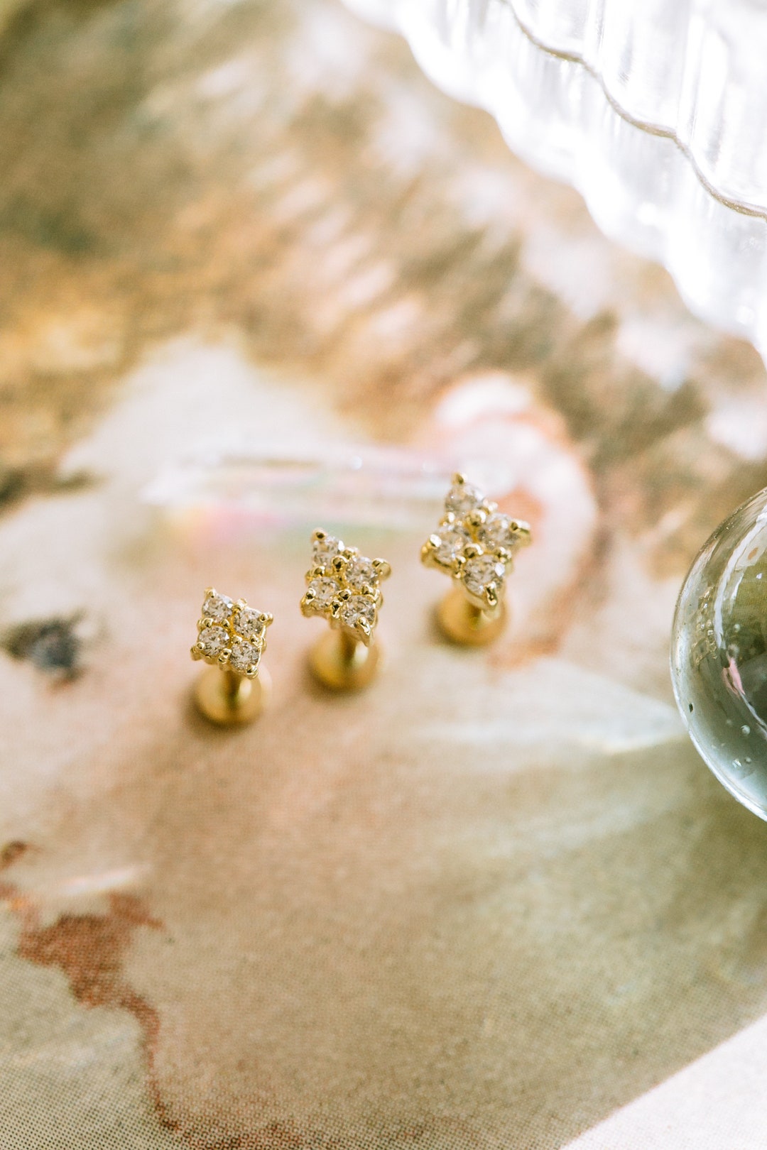 14K Gold Forward Helix Cartilage Tragus Inner Conch Minimal Diamond ...