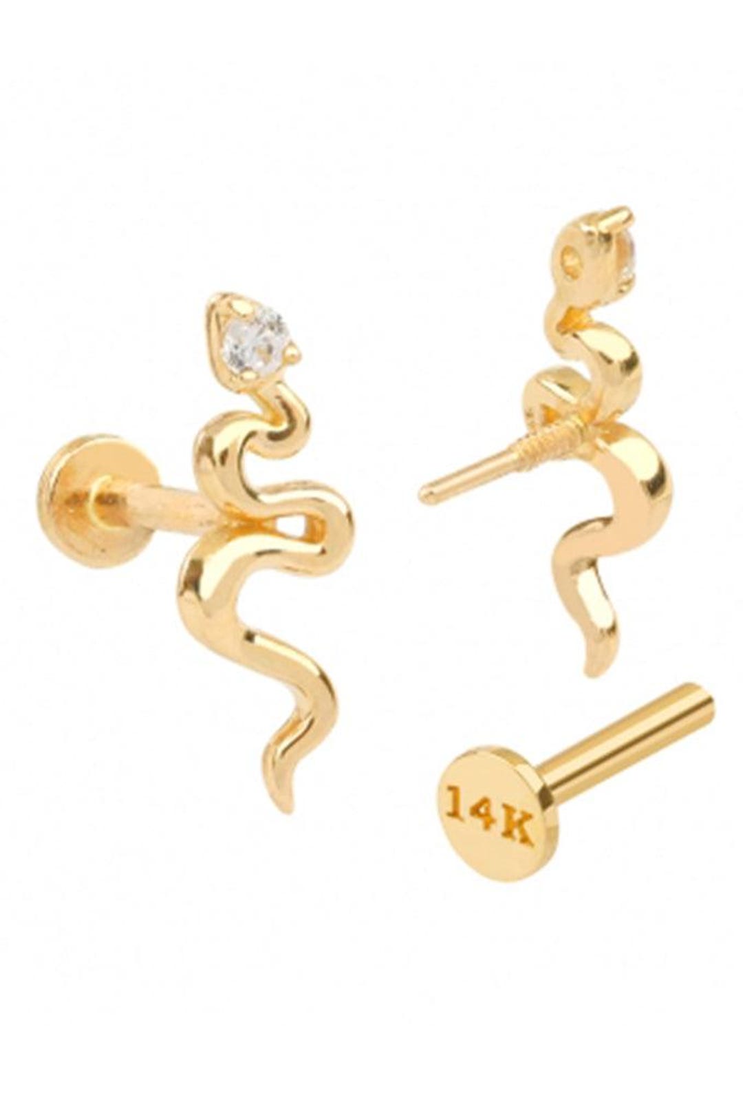 14K Solid Gold Cartilage Tragus Helix Inner Conch Crawling Snake Post ...