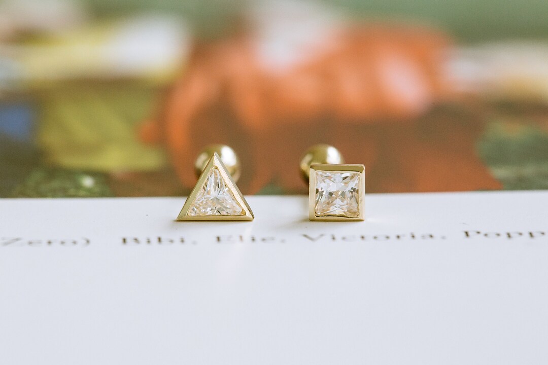 14k Real Solid Gold CZ Square Triangle Tragus Helix Inner Conch ...