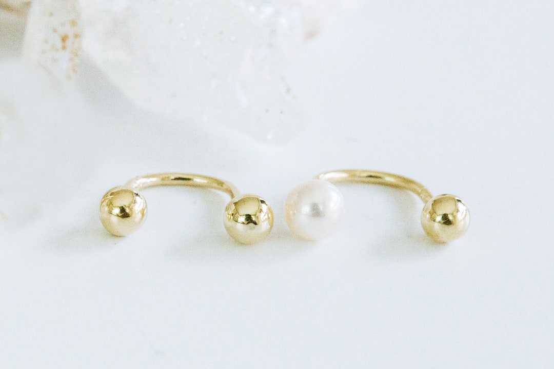 14K Solid Yellow Gold Circular Circle Round Pearl Ball Wire Tragus ...