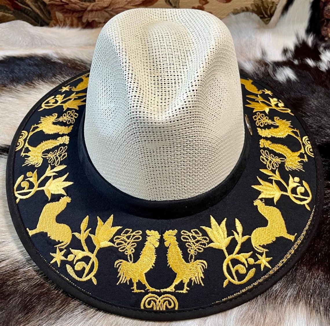 Western Cowboy Rooster Embroidered Panama Hat | Etsy