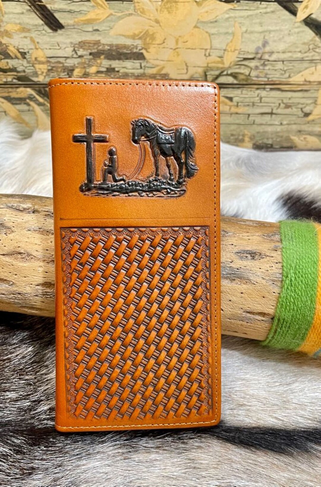 Western Cowboy Genuine Leather Praying Cowboy Bi-fold Long Wallet for ...