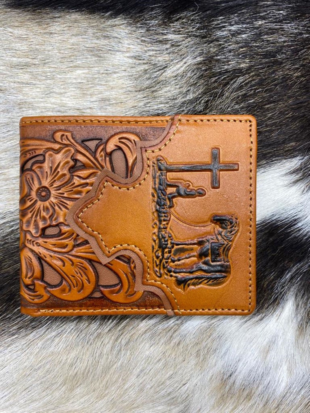 Western Praying Cowboy Wallet Genuine Leather Bi-fold Short Wallet for ...