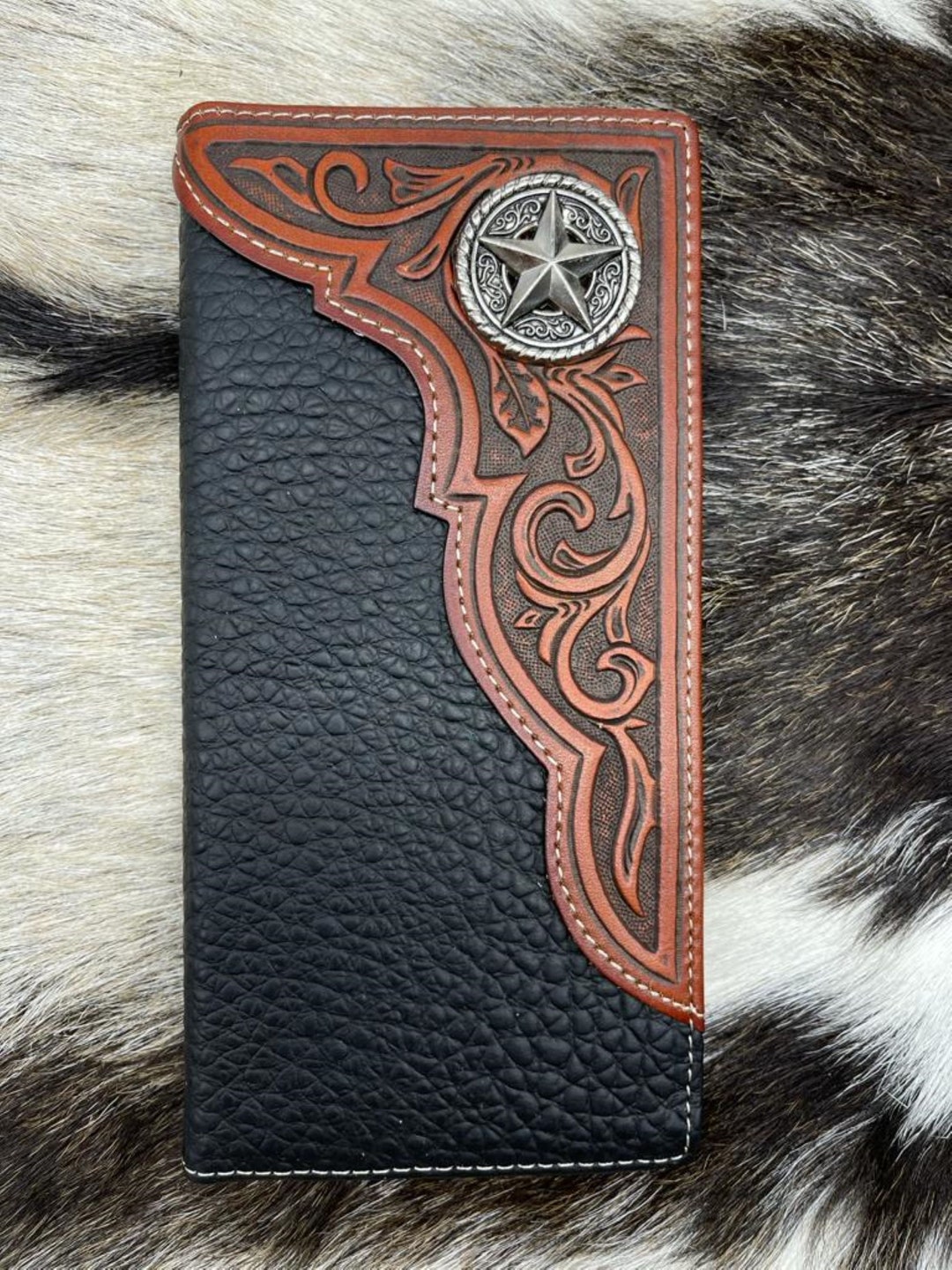 Western Cowboy Wallet Genuine Leather Bi-fold Long Wallet for Men Star ...