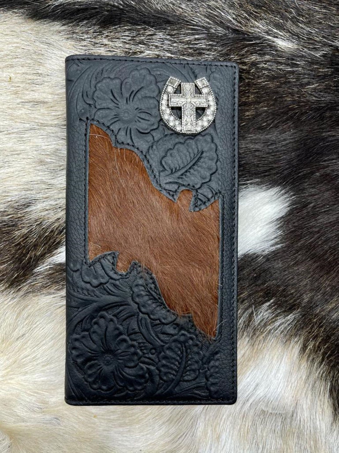 Western Cowboy Wallet Genuine Leather CROSS Concho Bi-fold Long Wallet ...