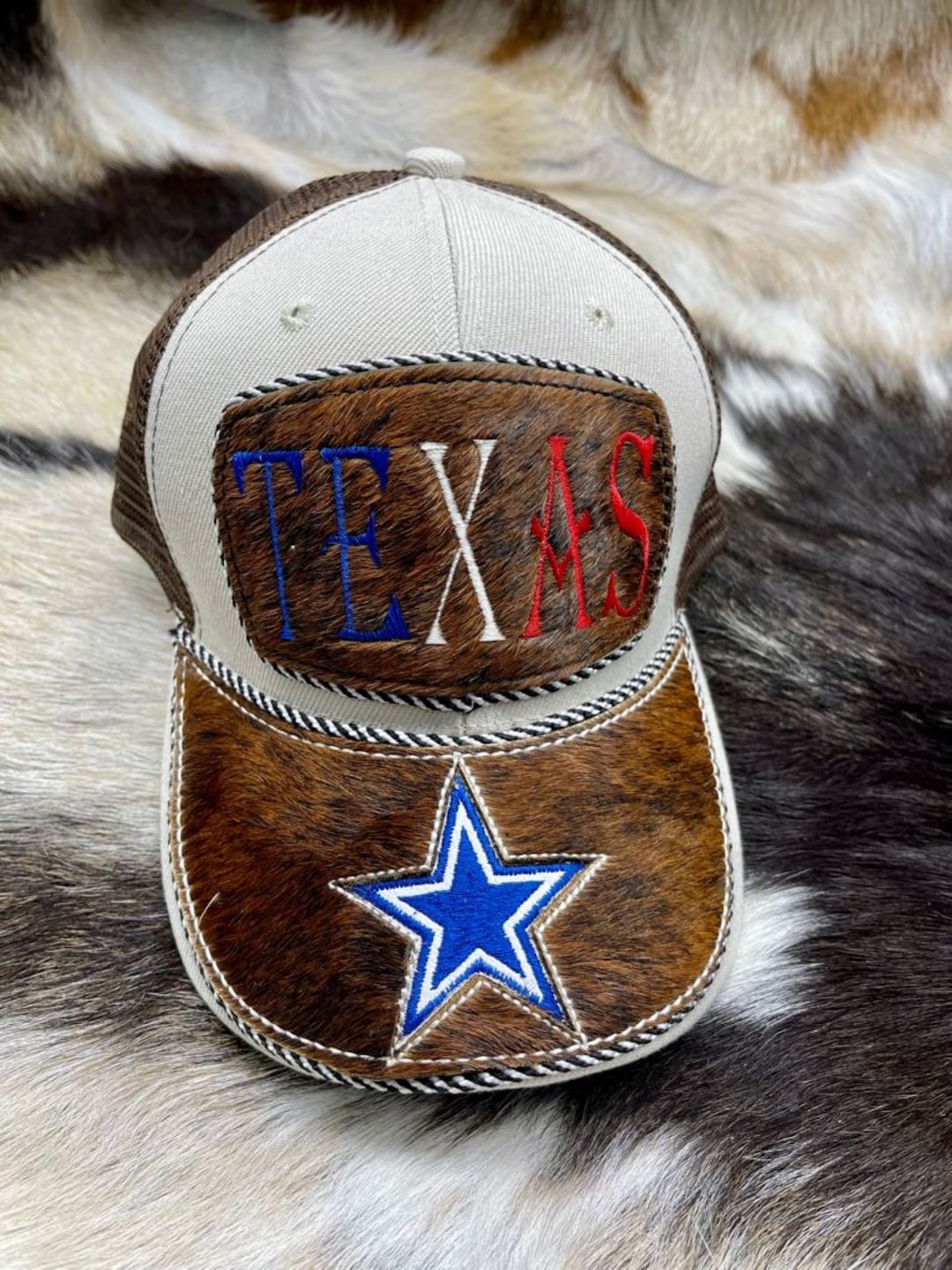 Texas Star Embroidered Mesh Back Cow Hide Baseball Cap - Etsy