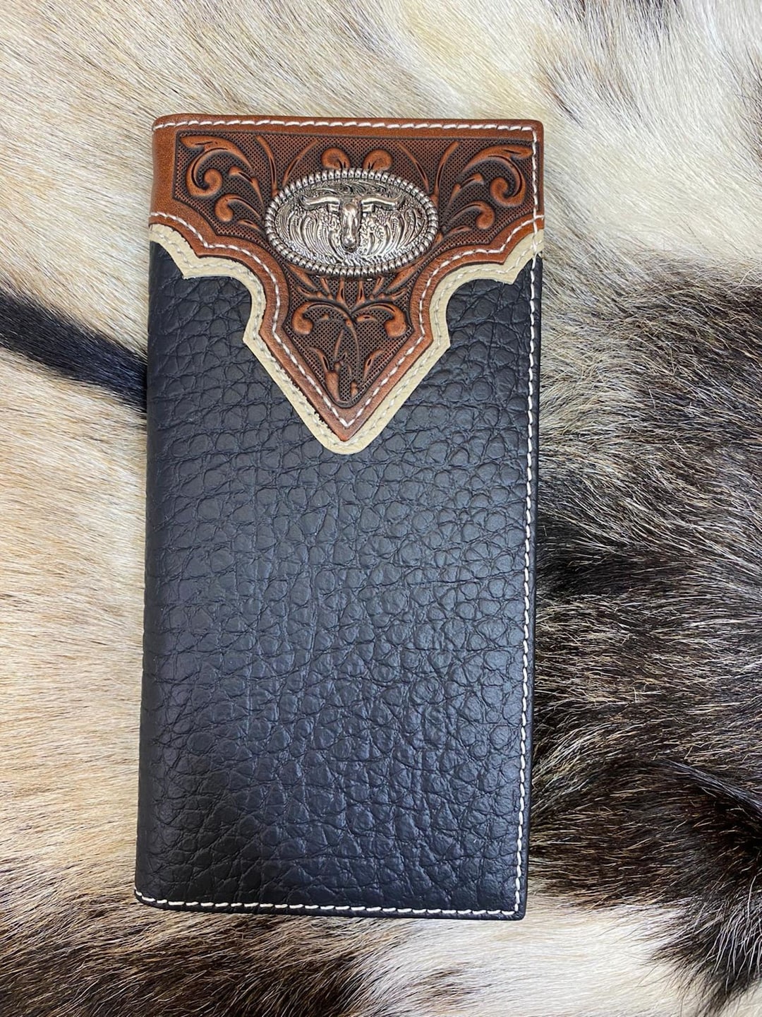 Western Cowboy Wallet Genuine Leather LONG HORN Bi-fold Long Wallet for ...
