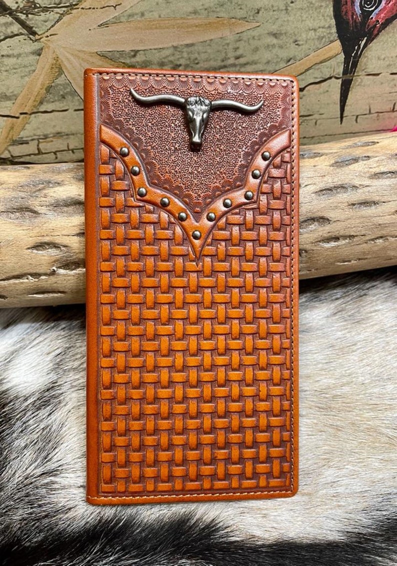Western Cowboy Wallet Genuine Leather LONG HORN Bi-fold Long | Etsy