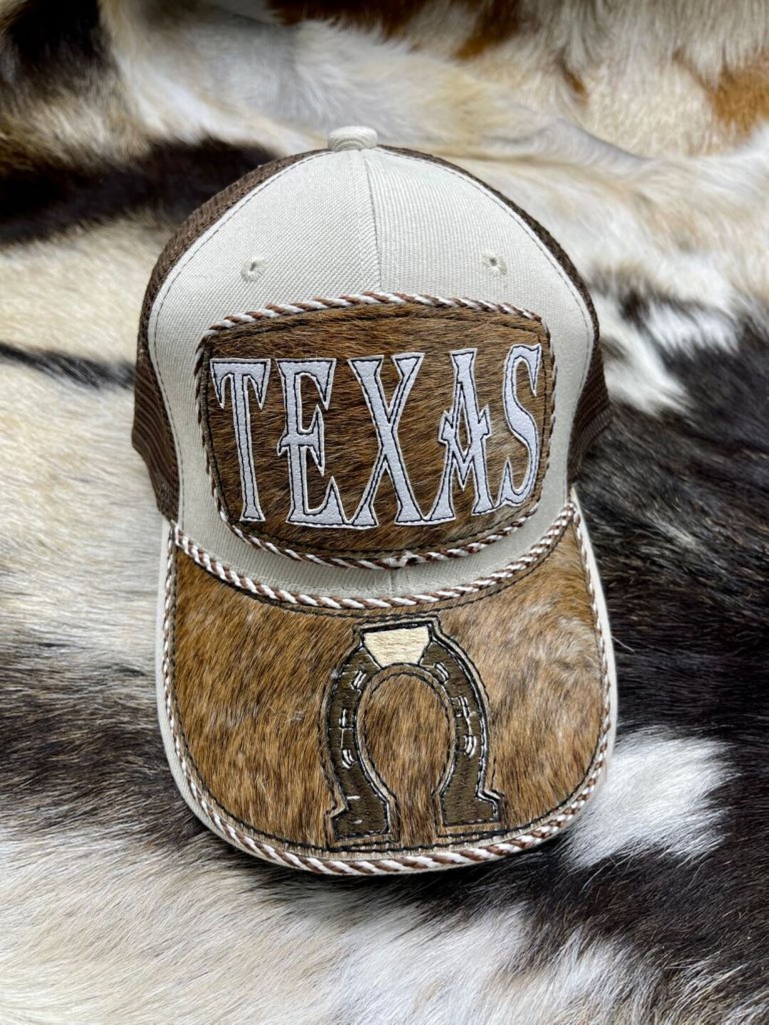 Texas Horseshoe Embroidered Mesh Back Cow Hide Baseball Cap - Etsy