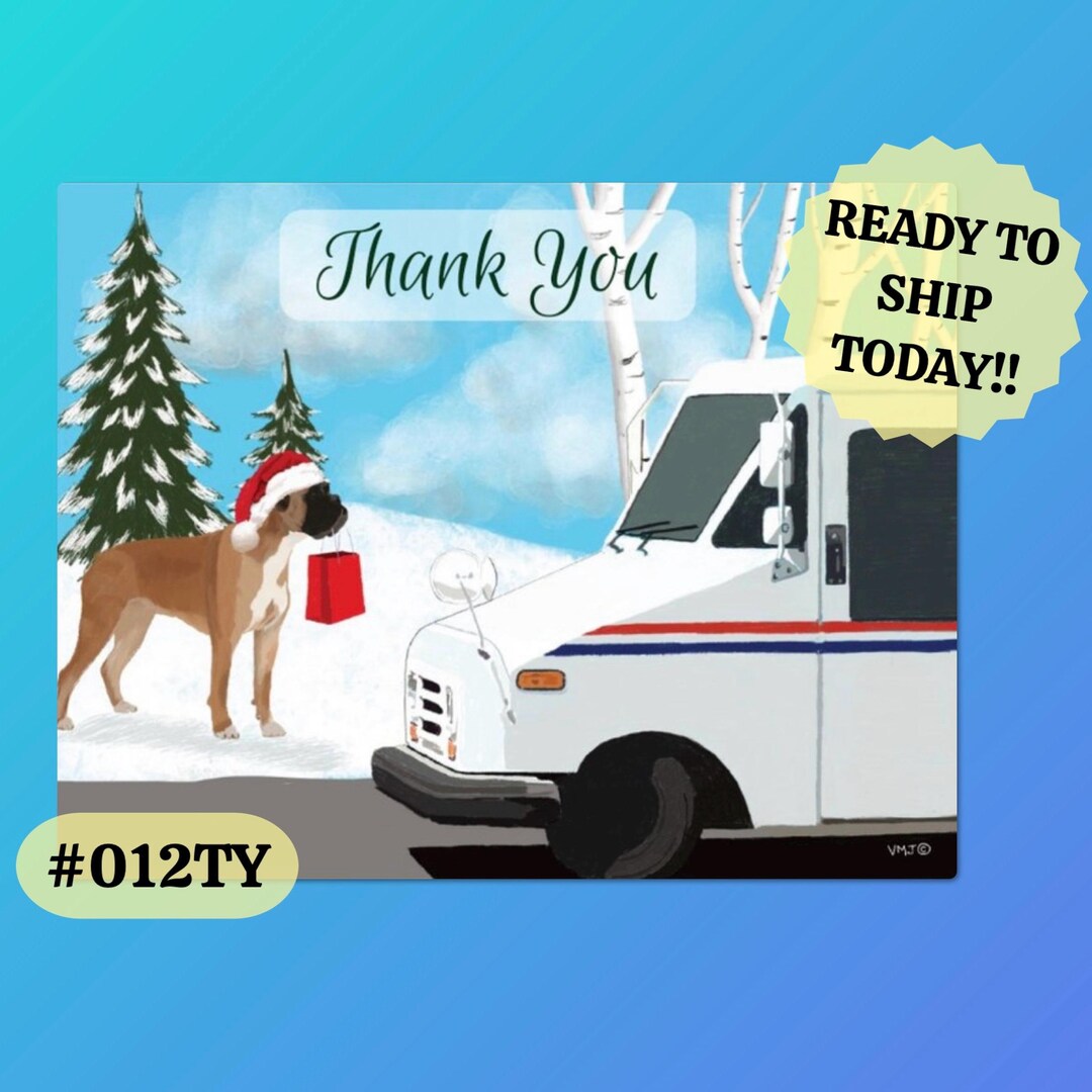 012TY Winter Dog With Gift, Boxer, Thank You Postcards for Letter ...