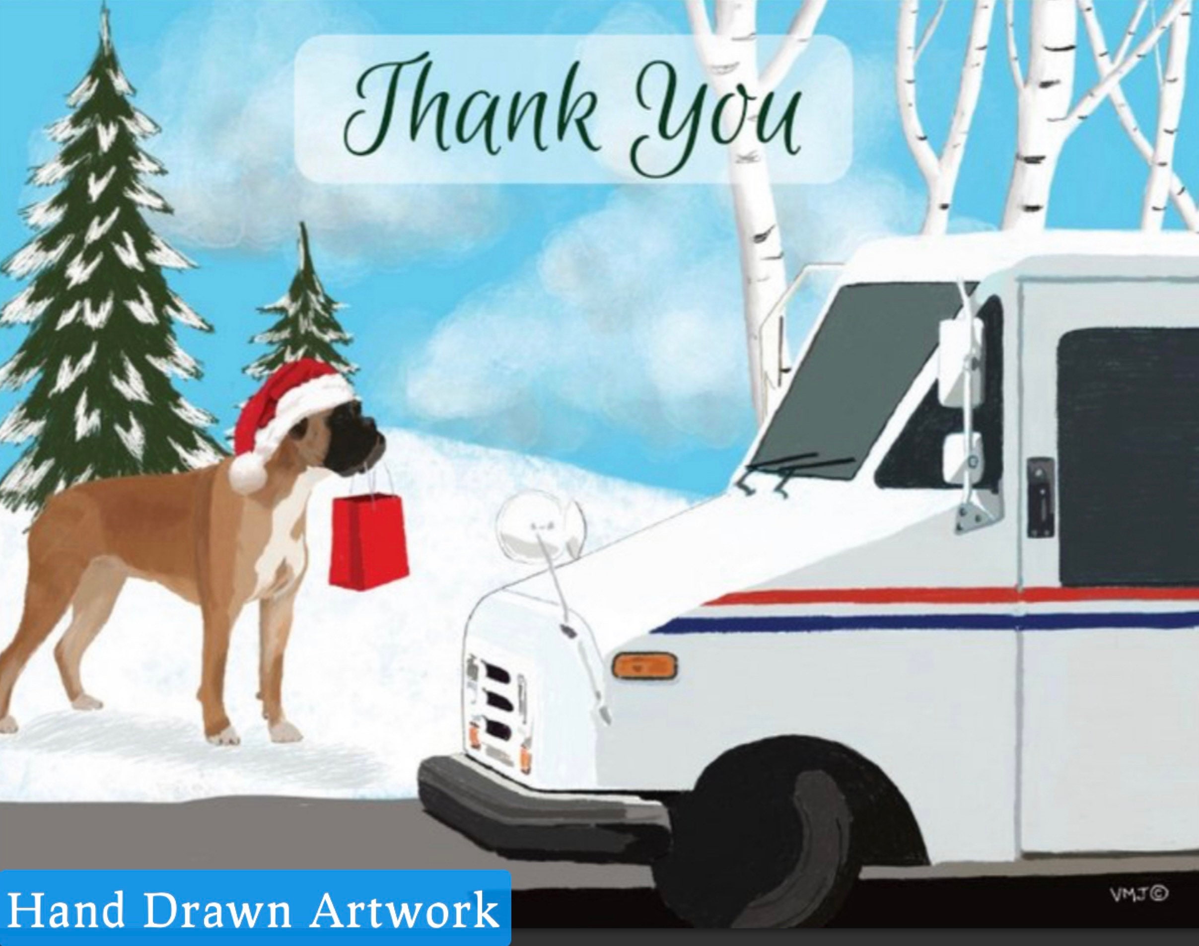012TY Winter Dog With Gift, Boxer, Thank You Postcards for Letter ...
