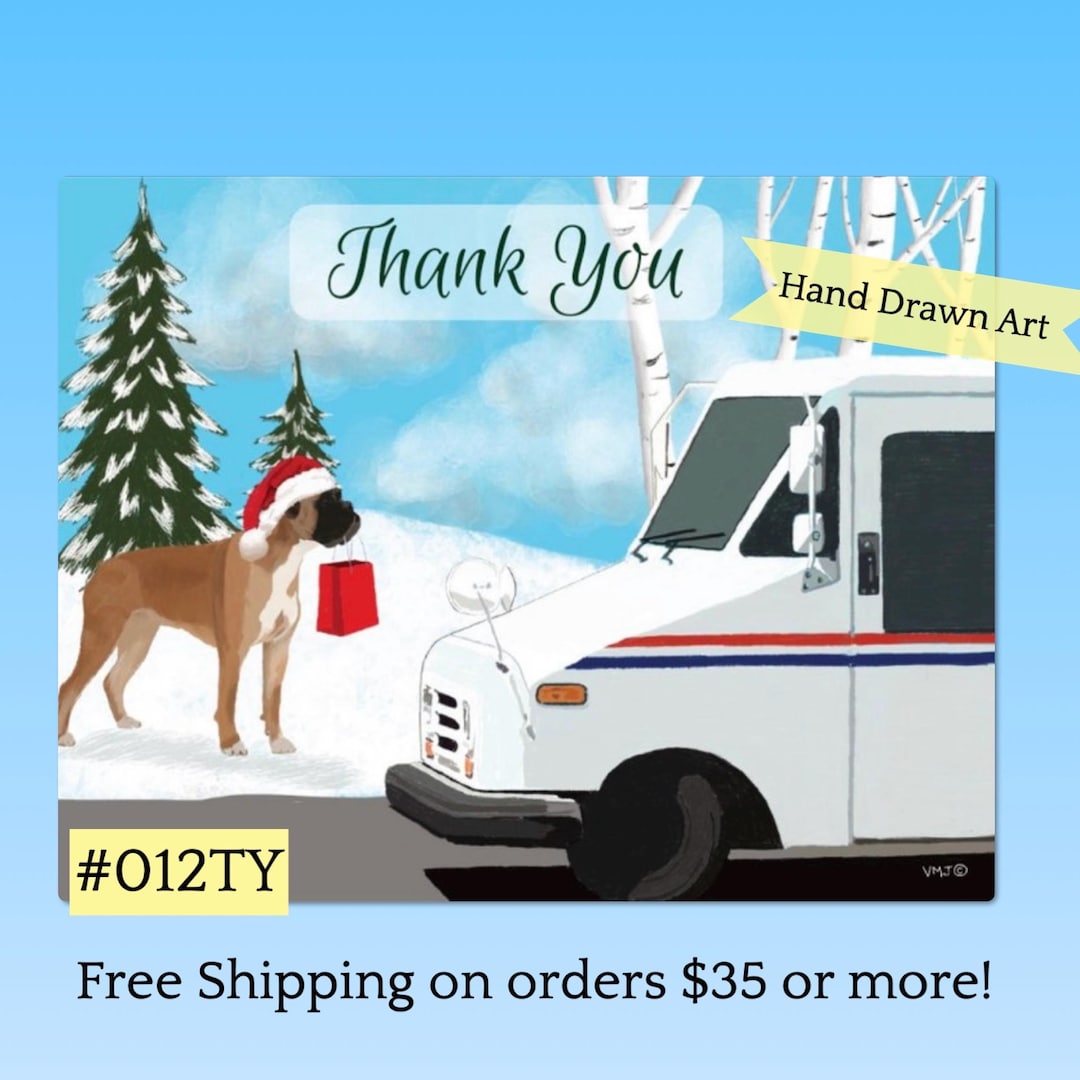 012TY Winter Dog With Gift, Boxer, Thank You Postcards for Letter ...