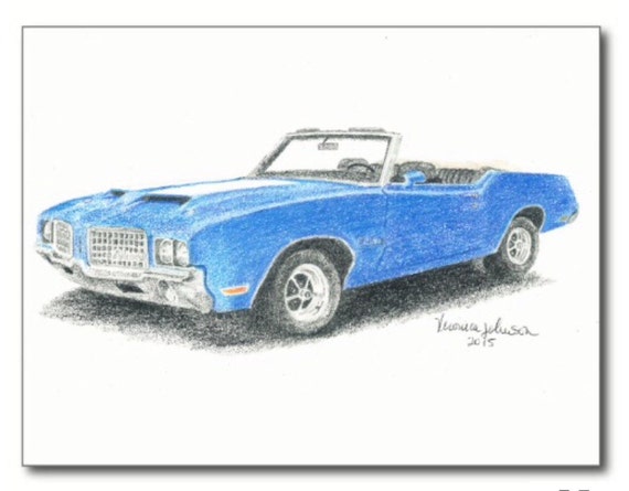 1972 Old Blue Convertible Car Drawing Note Card or Print - Etsy