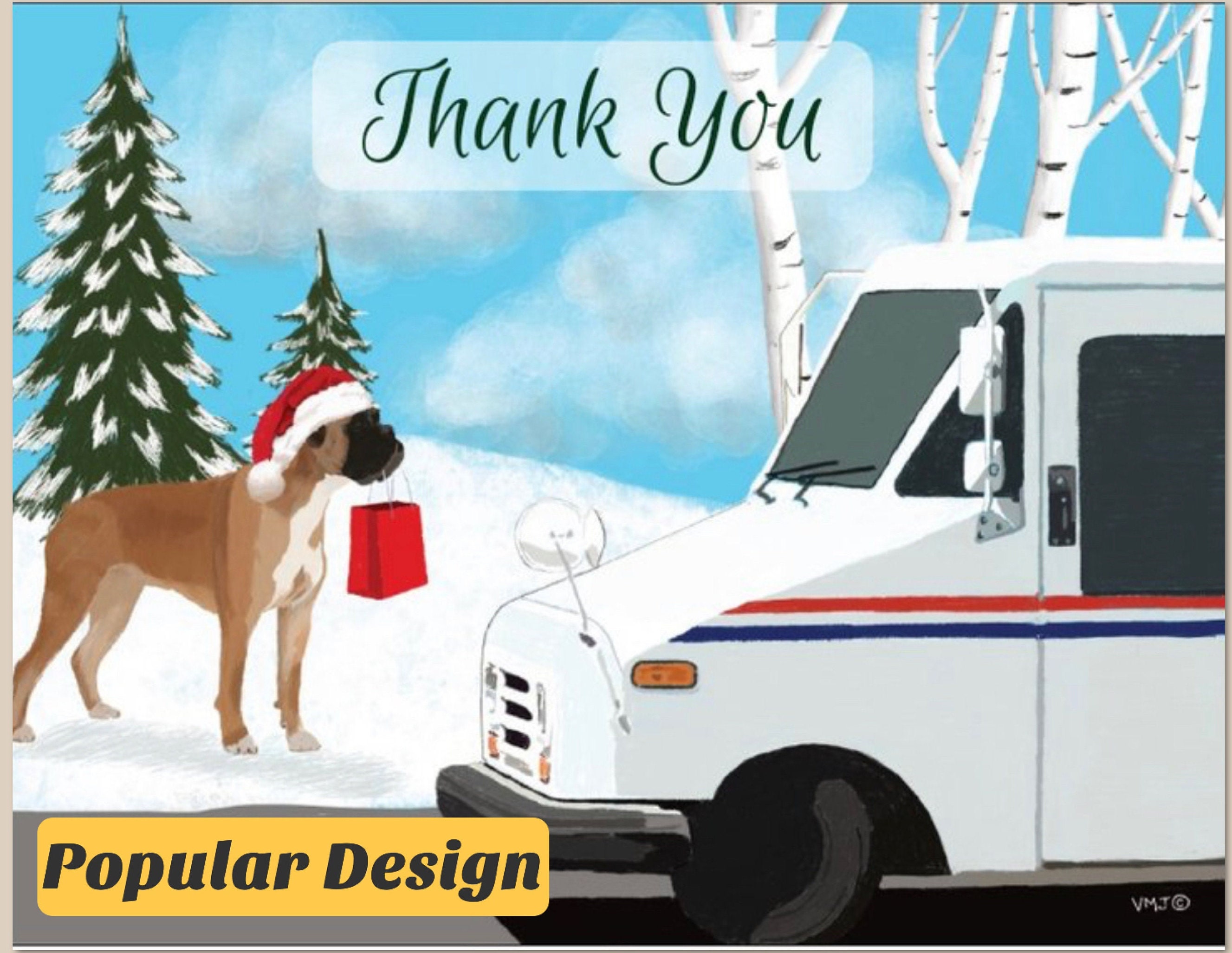 012TY Winter Dog With Gift, Boxer, Thank You Postcards for Letter ...