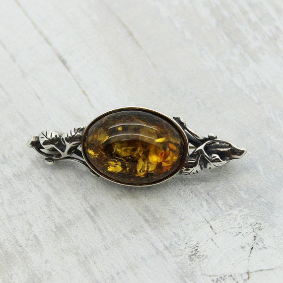 Vintage Sterling Silver Organic Leaf Vine Baltic Green Amber Pin Brooch ...