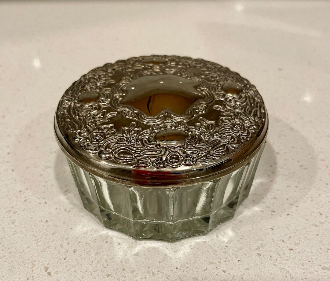 Vintage Vanity Powder Jar With Silverplate Lid/ Glass Powder Jar With ...