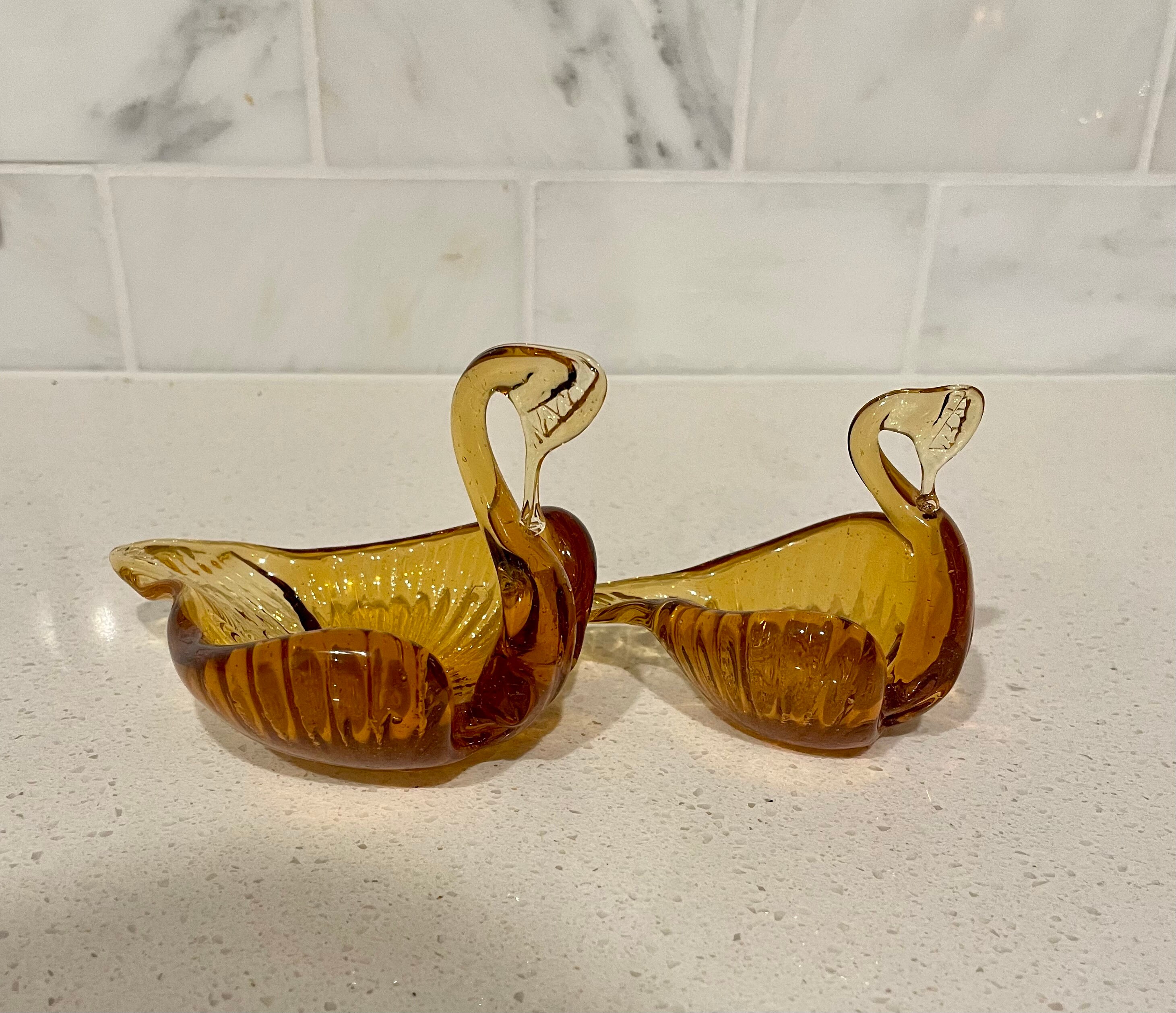 2 Small Amber Glass Swans/ Amber Glass Swans/ Pair of Glass Swans ...