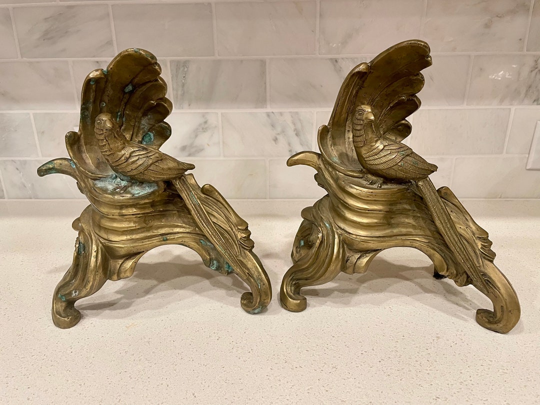 Pair of Antique Gilt Bronze Decorative Andirons With Birds/ Antique ...