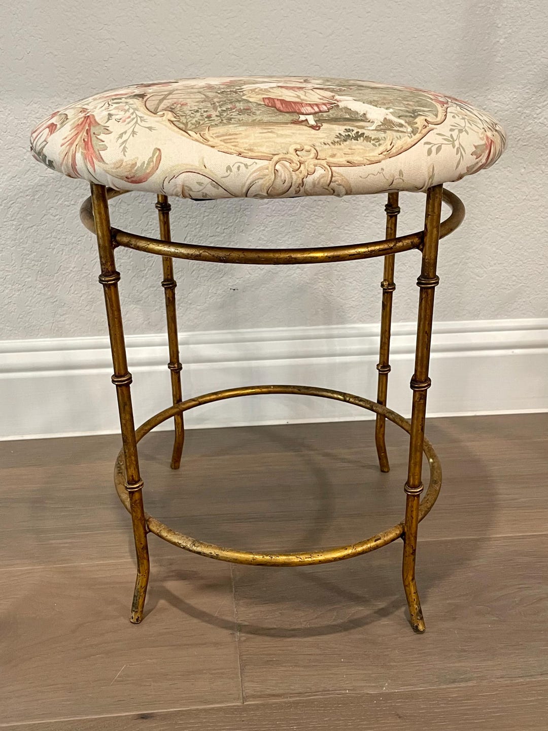 Vintage MCM Gilt Upholstered Stool/ MCM Petite Bagues Style Gilt Bamboo ...