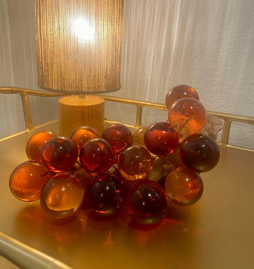 Vintage Lucite Amber Grapes Cluster on Wooden Stem/ MCM Lucite Bunch of ...