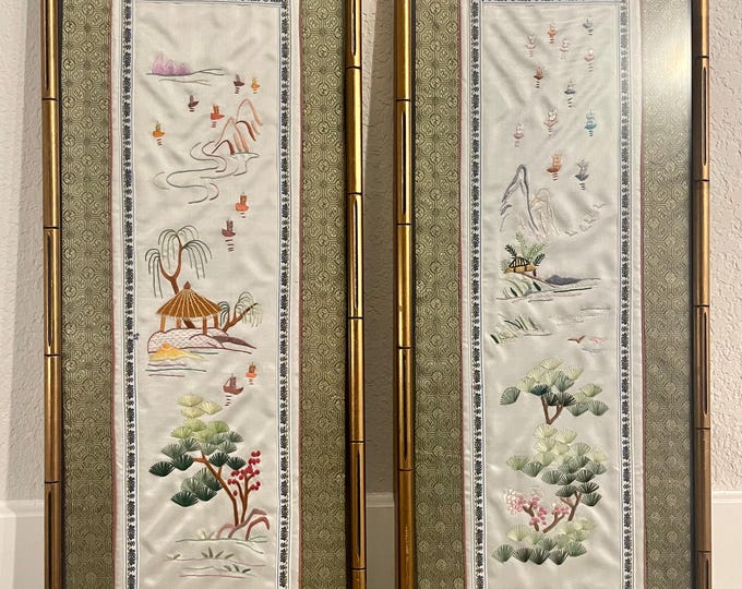 Two Large Framed Asian Silk Panels With Embroidery & Gold Bamboo Frames ...