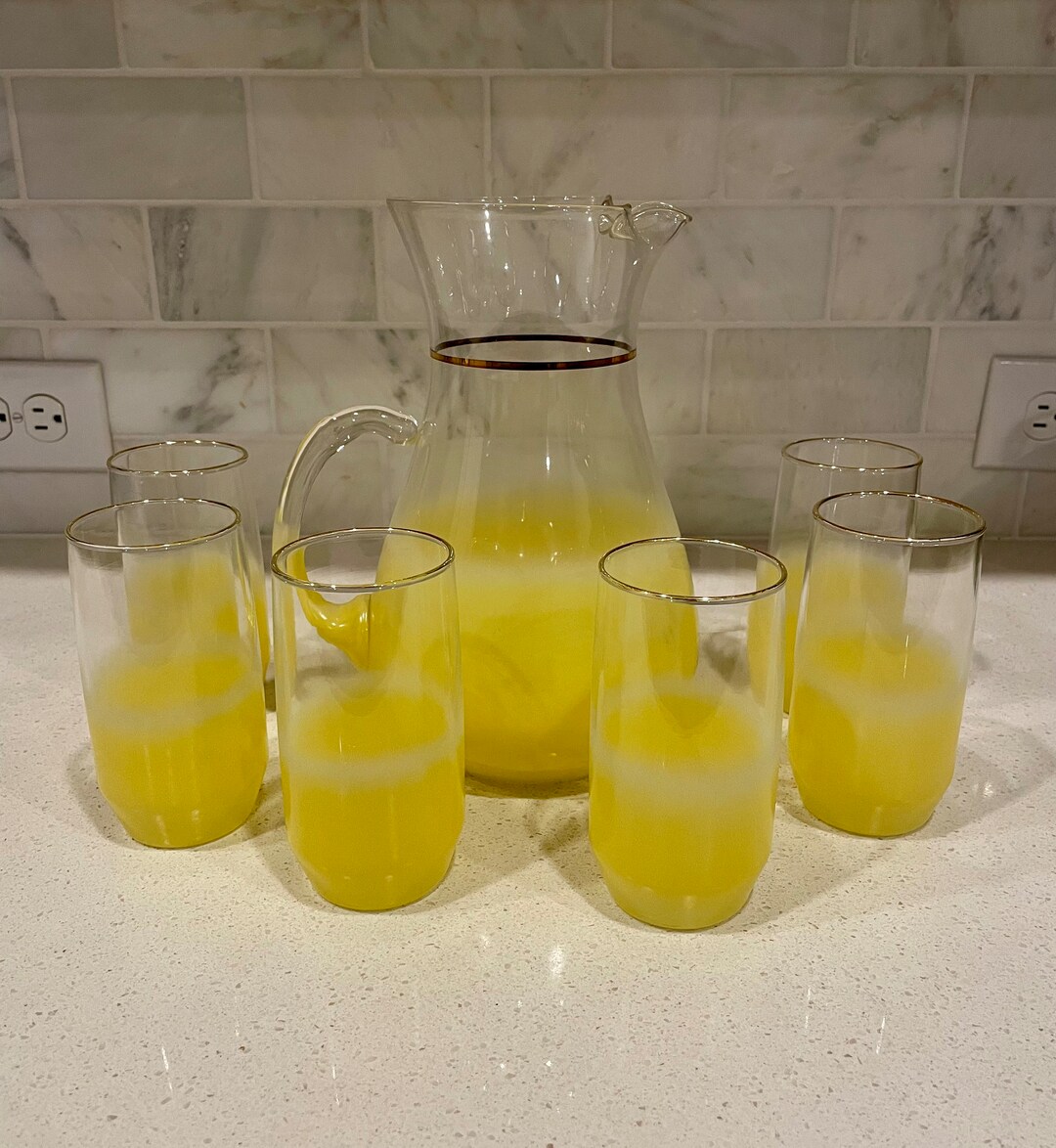 Blendo 7 Pc. Frosted Yellow Pitcher & Glasses/ West Virginia Glass Co ...