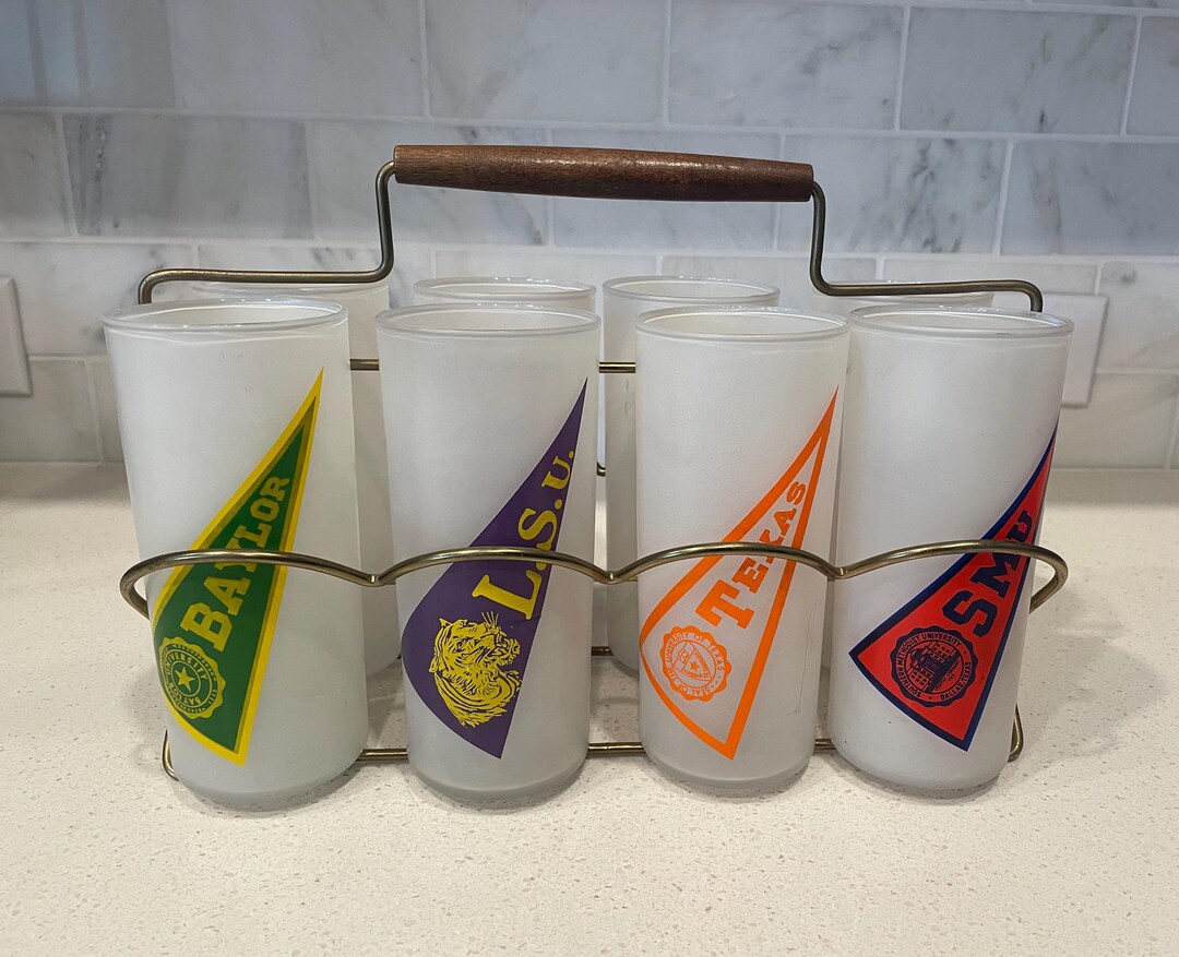 Vintage Set of 8 Frosted College Glasses in Caddy/ Retro Glass College ...
