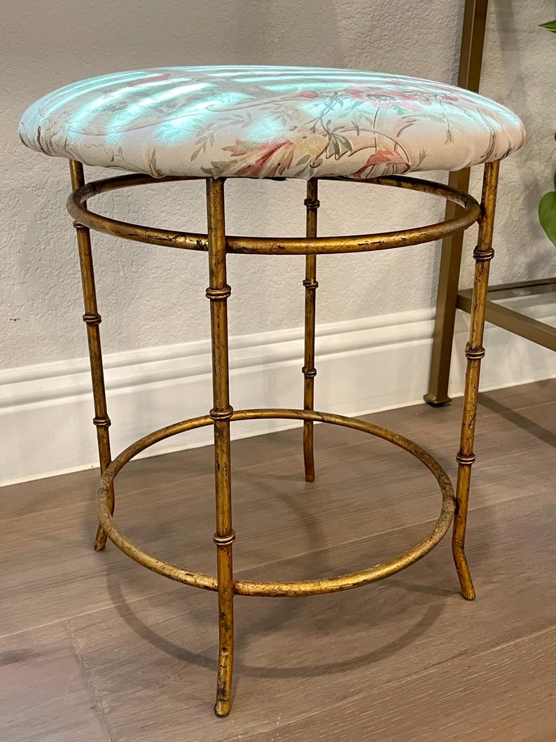 Vintage MCM Gilt Upholstered Stool/ MCM Petite Bagues Style Gilt Bamboo ...