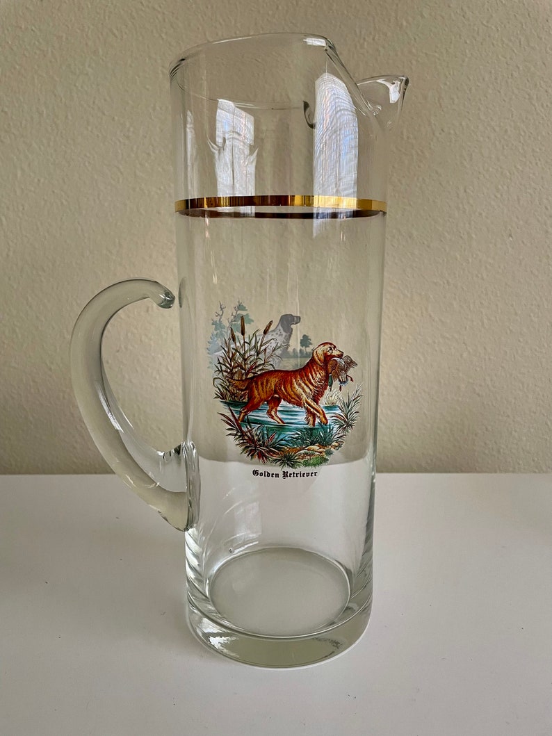 Vintage West Virginia Glass Tall Pitcher Hunting Dogs Theme With Gold ...