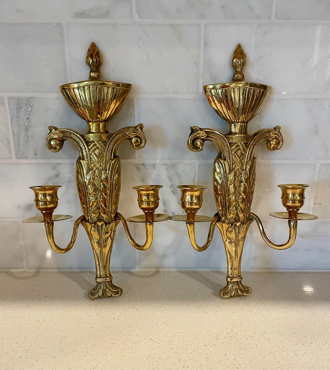 Vintage Pair of Brass Wall Candlestick Sconces/ Pair Brass Sconces/ Pair of Brass Candlestick ...