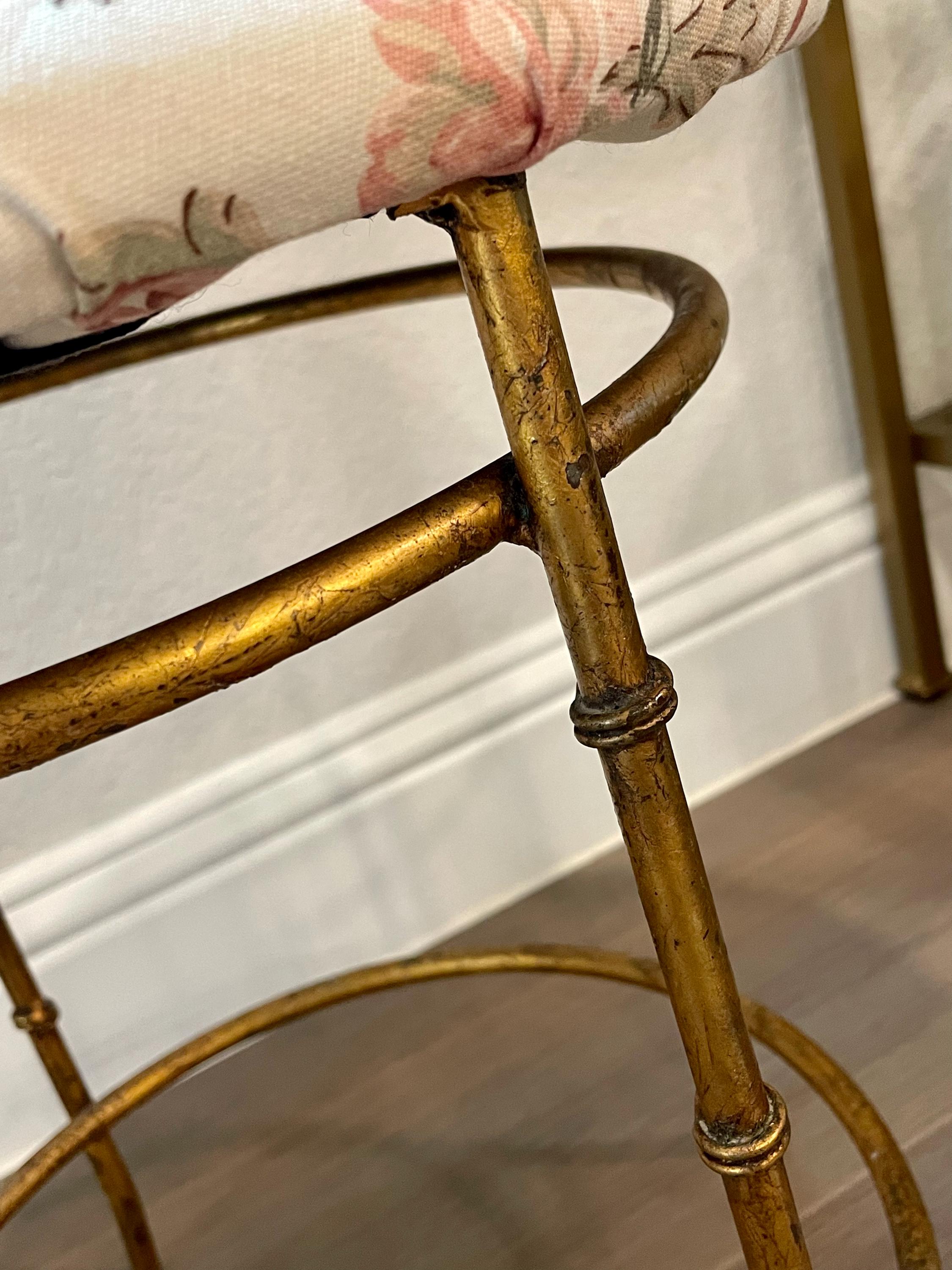 Vintage MCM Gilt Upholstered Stool/ MCM Petite Bagues Style Gilt Bamboo ...
