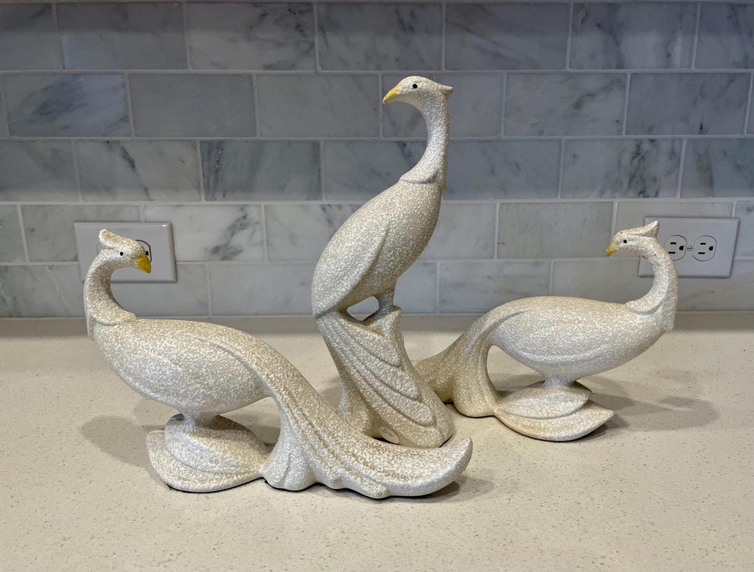 Vintage Set of 3 Ceramic Peacocks With Splatter Glaze by Maddux of ...
