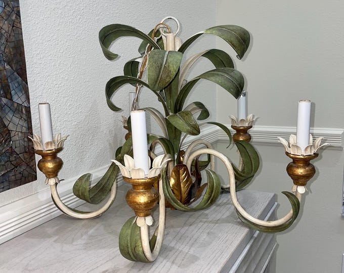 Vintage Italian Tole Chandelier/ Italian Tole Green Leaves 5 Arm ...