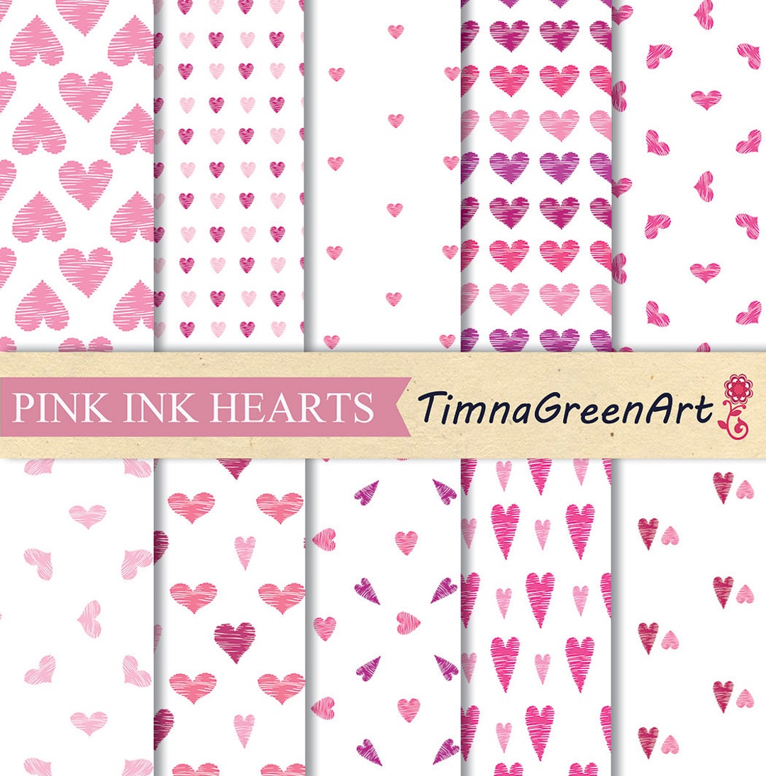 HEARTS Digital Paper Pack LOVE Background Patterns Pink Ink Collage ...