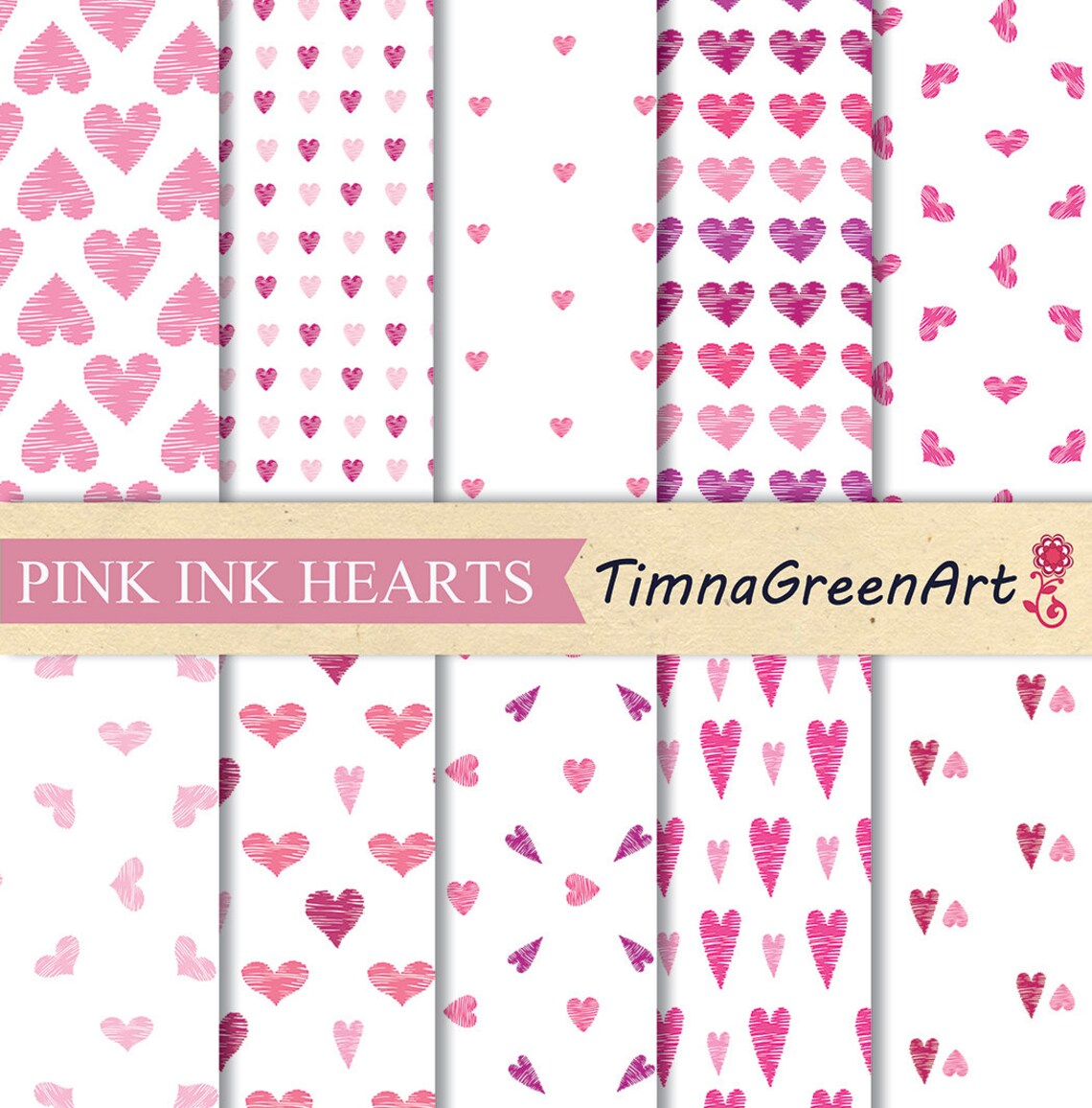 HEARTS Digital Paper Pack LOVE Background Patterns Pink Ink Collage ...
