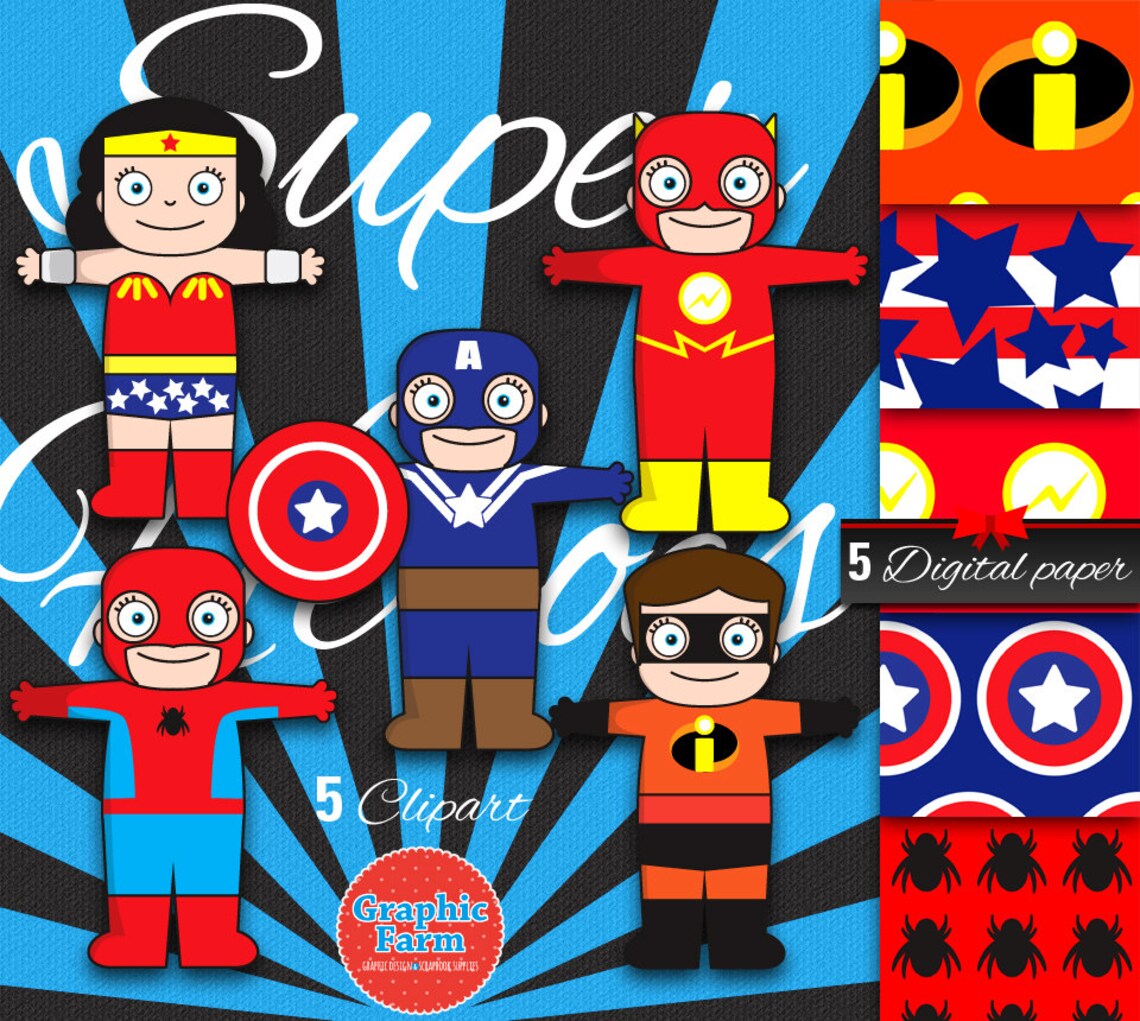 Super Hero Package Digital Paper and Clip Art, Scrapbooking Paper ...
