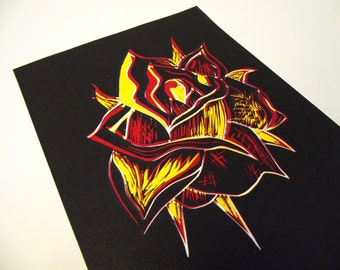 Linocut Rose Art Print / Pink Flowers A5 Lino Print - Etsy UK