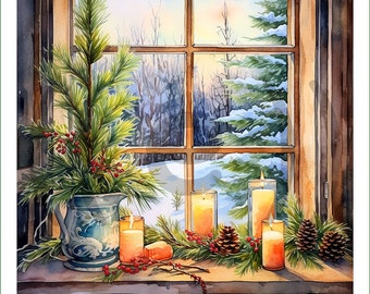 Fabric Panel - DI (191) - Rustic Country Christmas Window. for Sewing ...